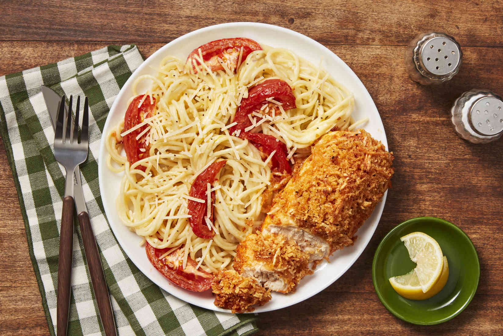 Parmesan-Crusted-Chicken-with-Creamy-Lemon-Tomato-Spaghetti | Feel ...