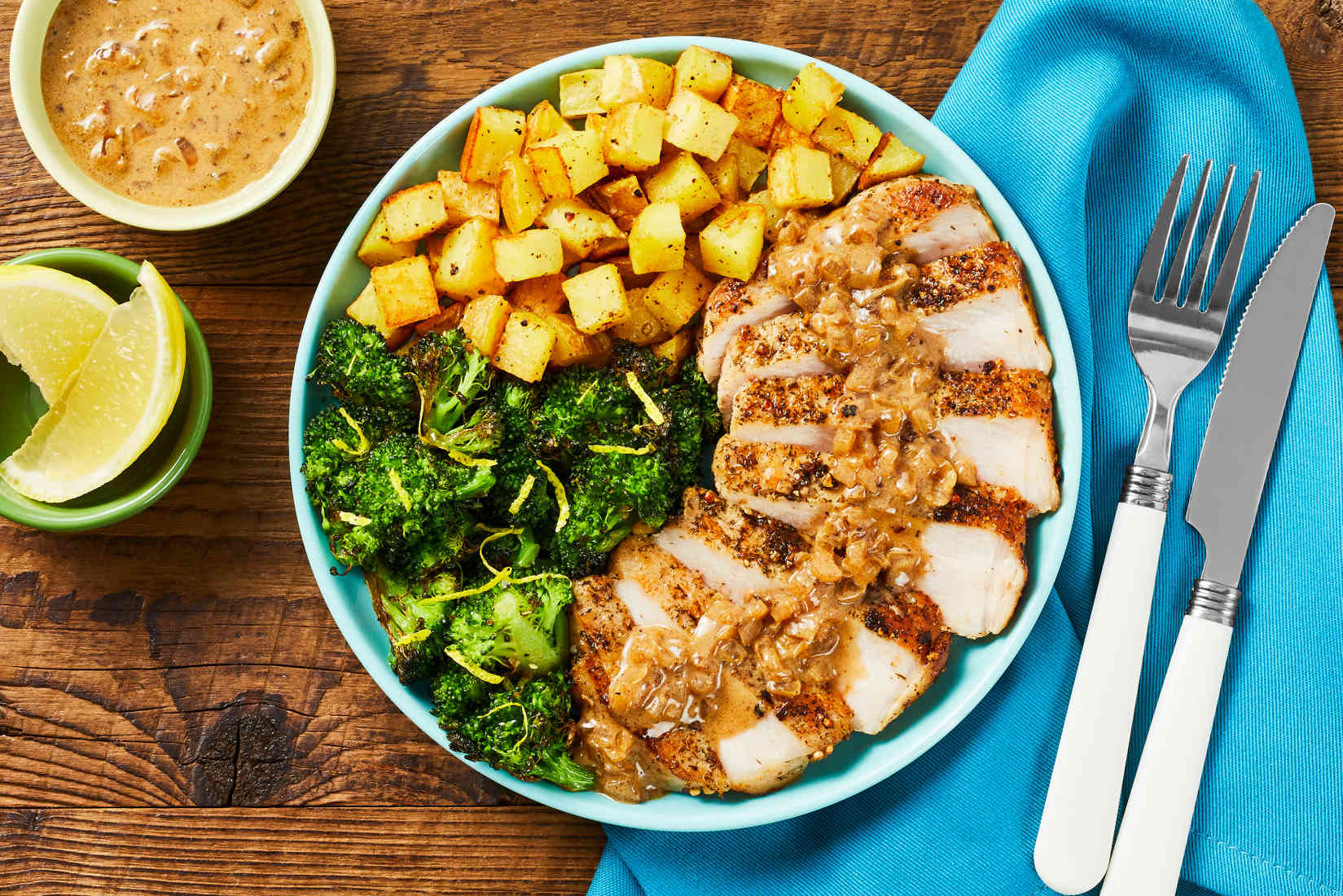 Steakhouse Style Pork Chops With A Creamy Pan Sauce Roasted Potatoes Lemony Broccoli Feel